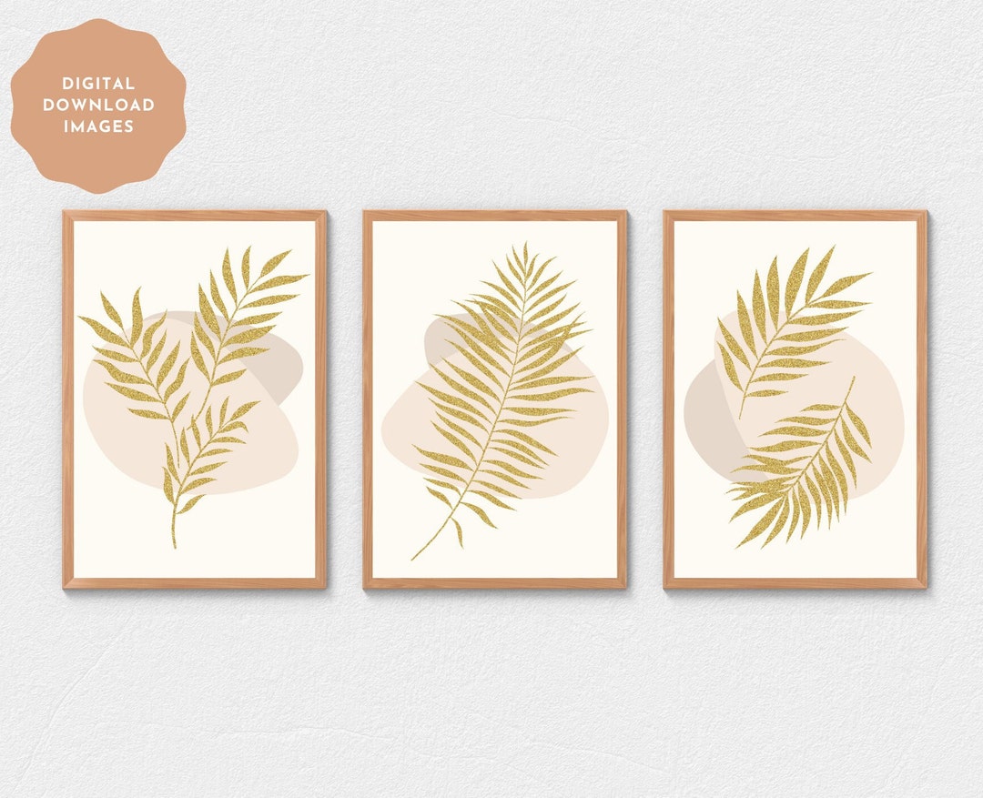 Gold Leaf Printable Wall Art, Set of 3 Prints, Light Pastel Background ...