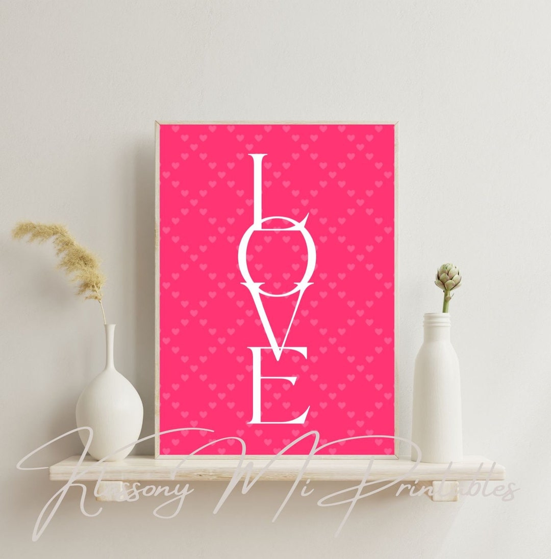 Love Digital Wall Art, Pink Heart Print Wall Decor, Love Art Poster ...