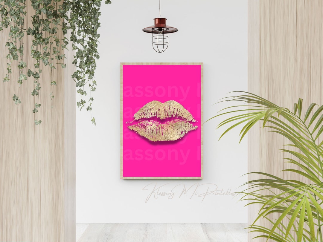 Gold Lip Printable Wall Art & Bright Pink Background, Stand Out Wall ...