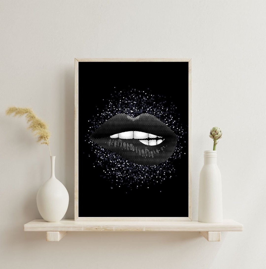 Lip Wall Art Design Digital Download, Black Screen Lip Poster, Modern ...
