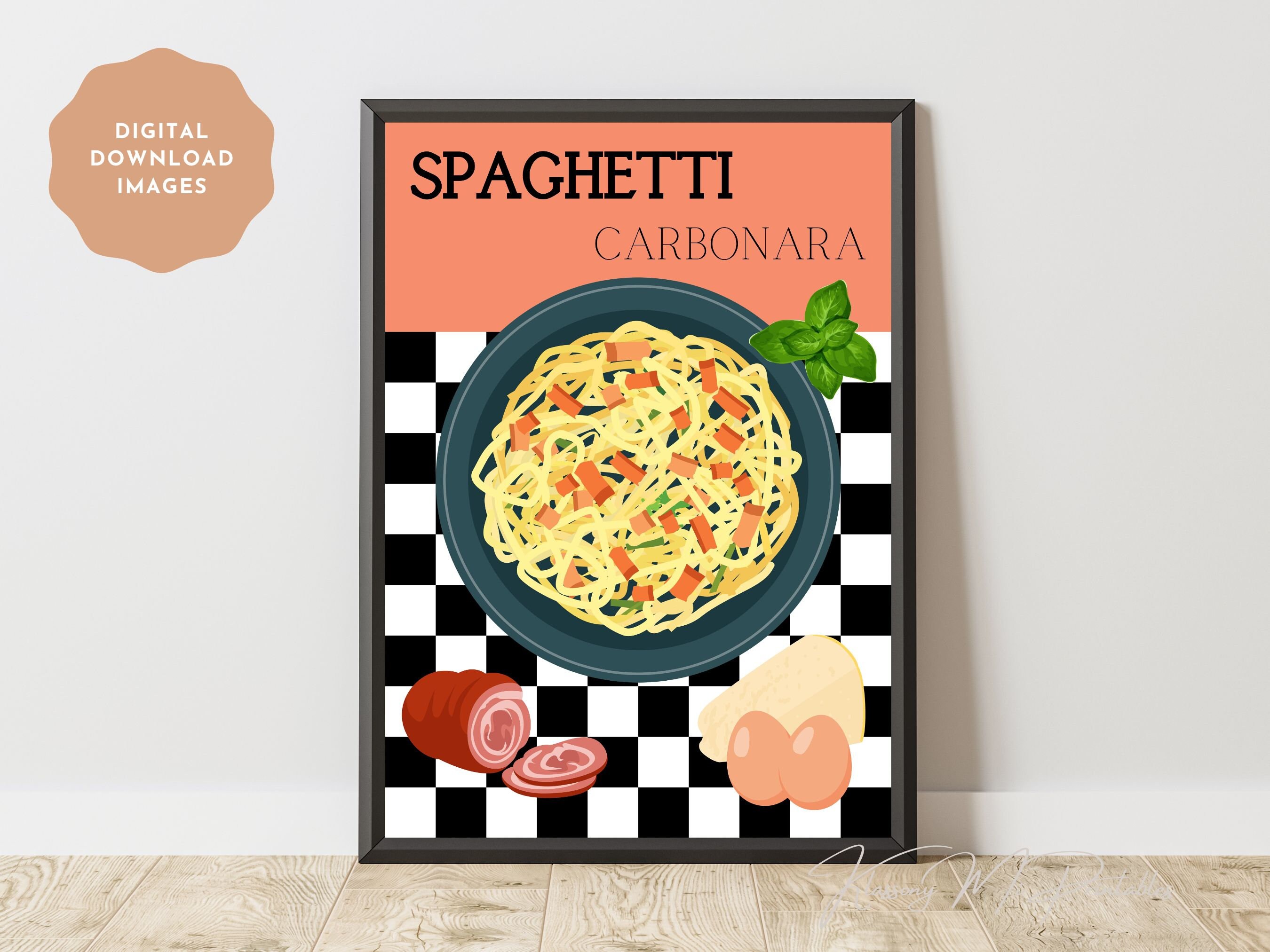 Spaghetti Carbonara Wall Art Printable With Checkered Pattern & Recipe ...