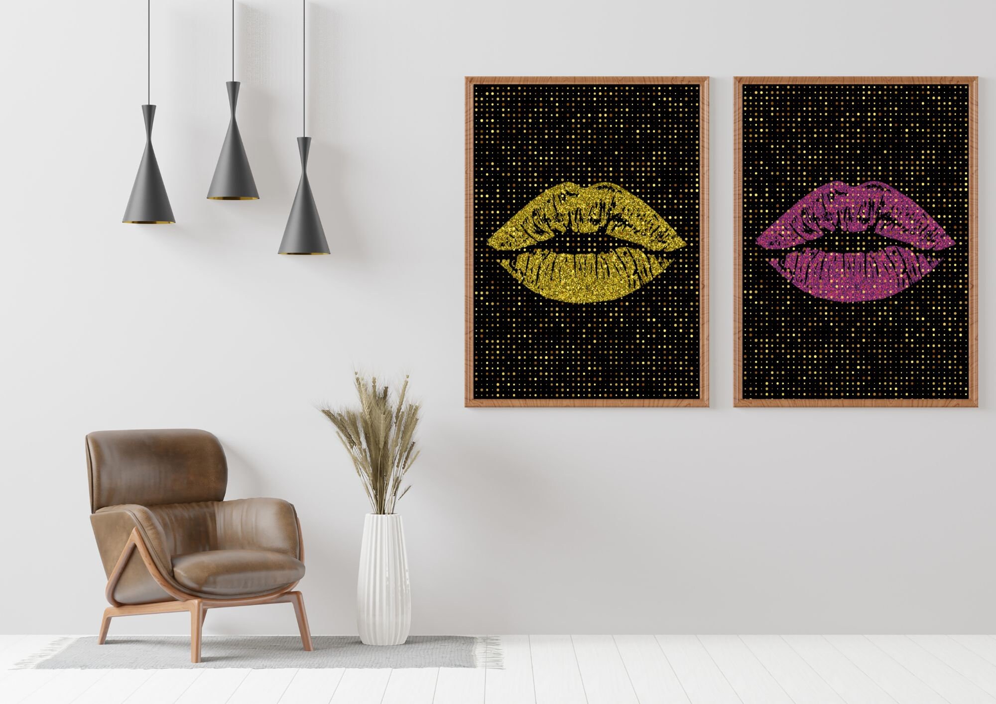 Modern Glitter Lip Prints, Gold Lip Wall Art, Purple Lip Gallery, Retro ...
