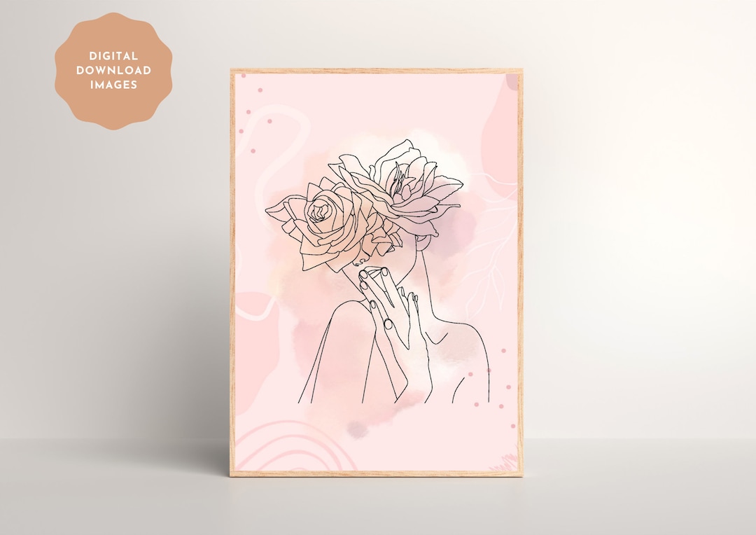 Pink Flower Head Female Face Line Art, Woman Illustration, Minimal ...