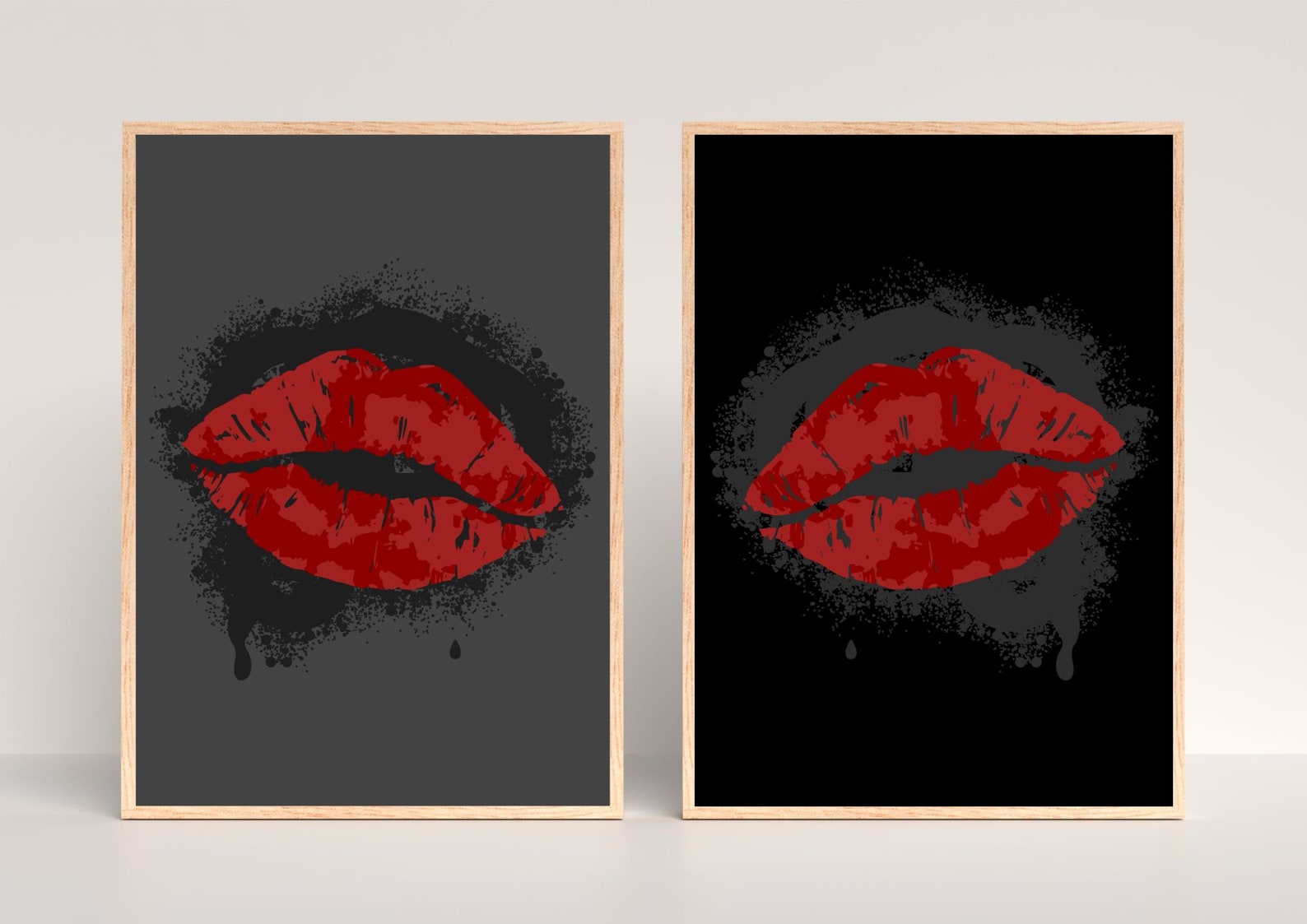 Set of 2 Lip Prints, Big Red Lips Wall Art, Bold and Trendy Lips ...