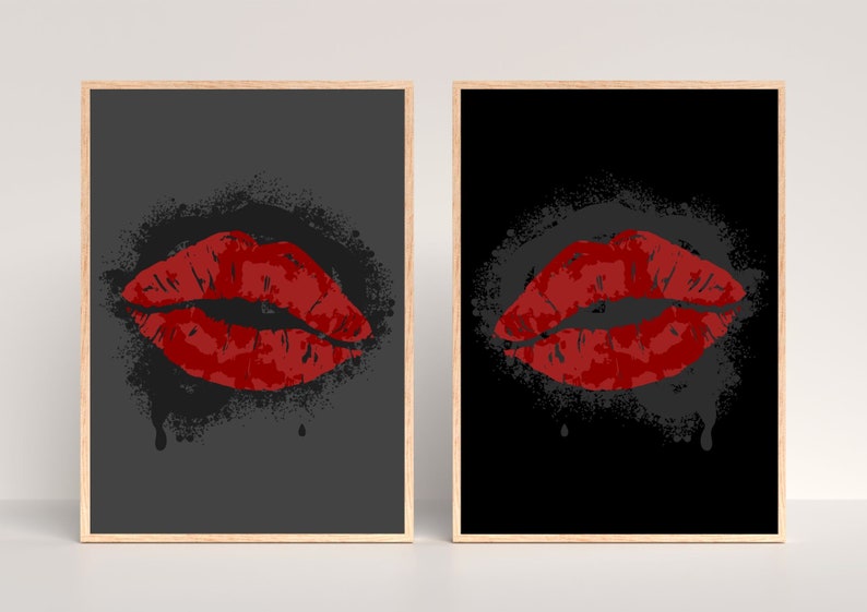 Set of 2 Lip Prints, Big Red Lips Wall Art, Bold and Trendy Lips ...