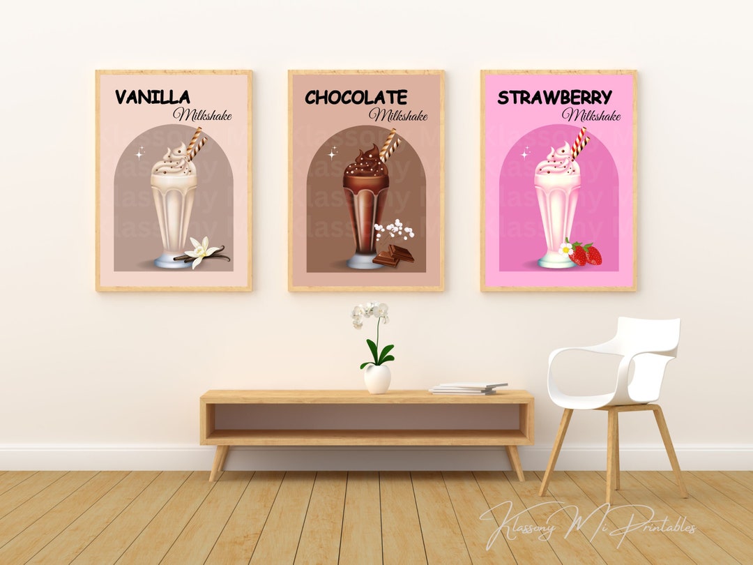 Set of 3 Milkshake Printable Art Posters, Vanilla Chocolate Strawberry ...