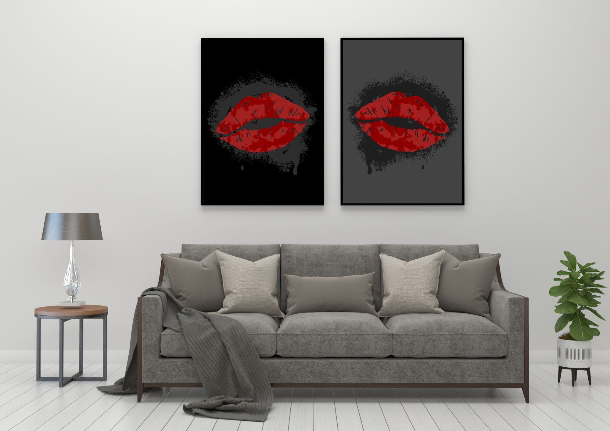 Set of 2 Lip Prints, Big Red Lips Wall Art, Bold and Trendy Lips ...