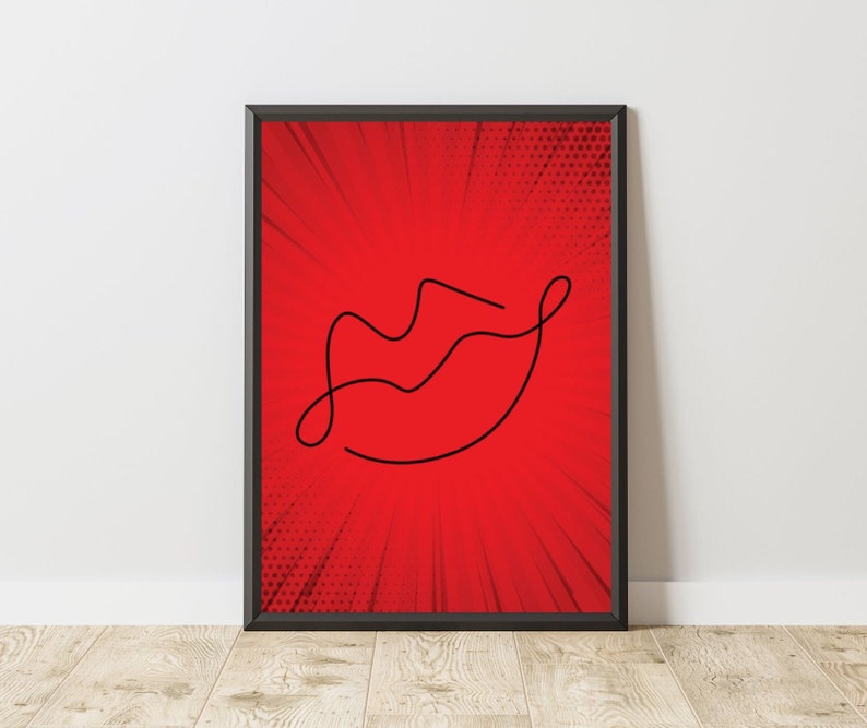 Big Red Lip Poster, Lip Digital Wall Art, Black Scribble Lip Print, Lip ...