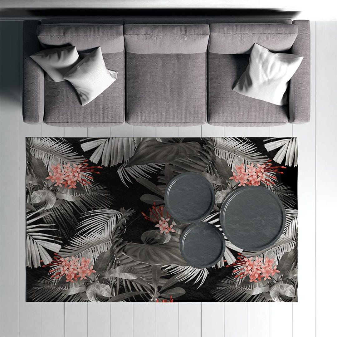 Tropical Black Gray Leafy Carpet, Modern Floral Pattern Digital Printed ...