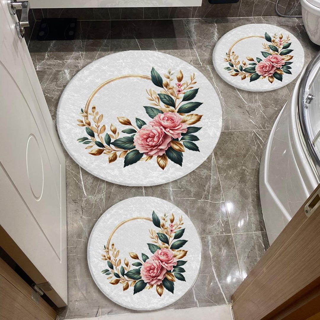 Floral Bathroom Rug Set: Round Bath Mats, Non-slip, Modern Decor - Etsy