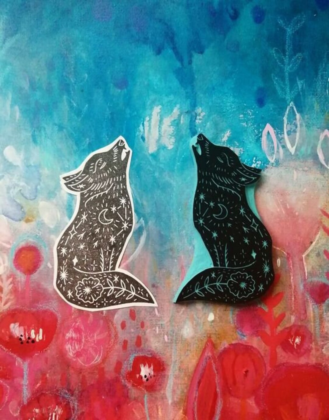 Howling Wolf Coyote Fox Stamp Hand Carved Unmounted Stars Constellation ...