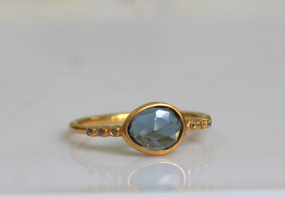 Solid Gold London Blue Topaz Ring With Diamond Jewelry - Etsy