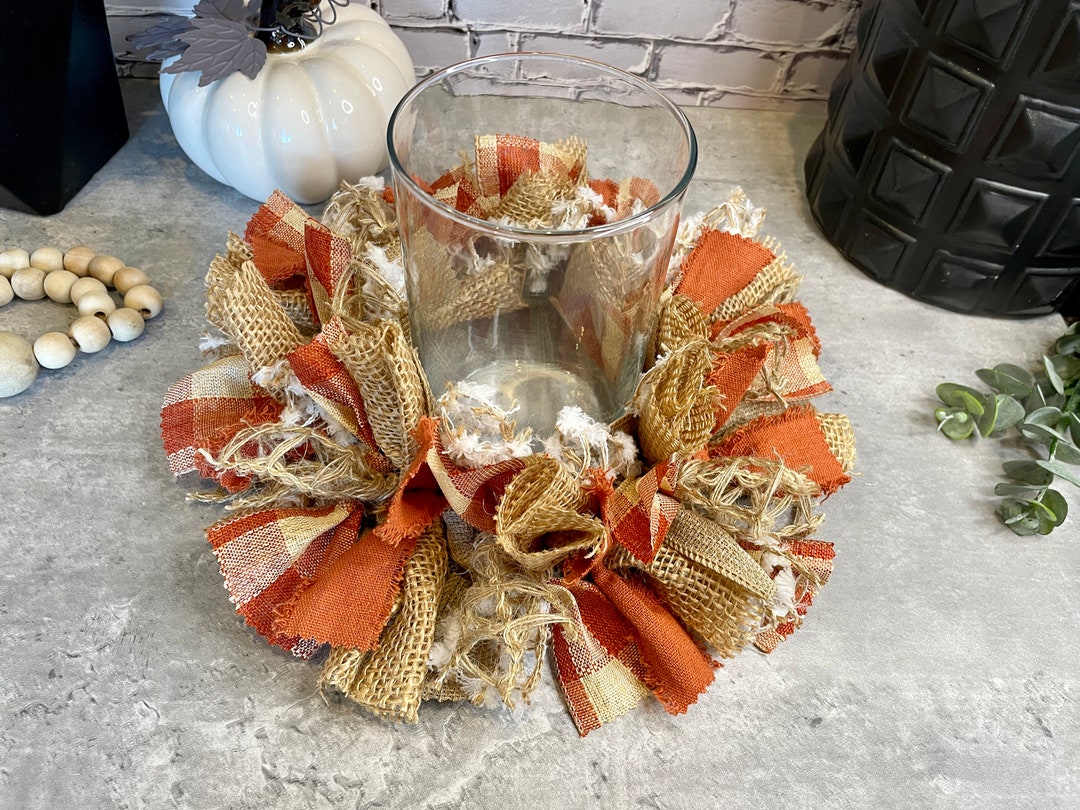 Rust & Cream Plaid Burlap Rag Candle Ring 6"/farmhouse Centerpiece ...