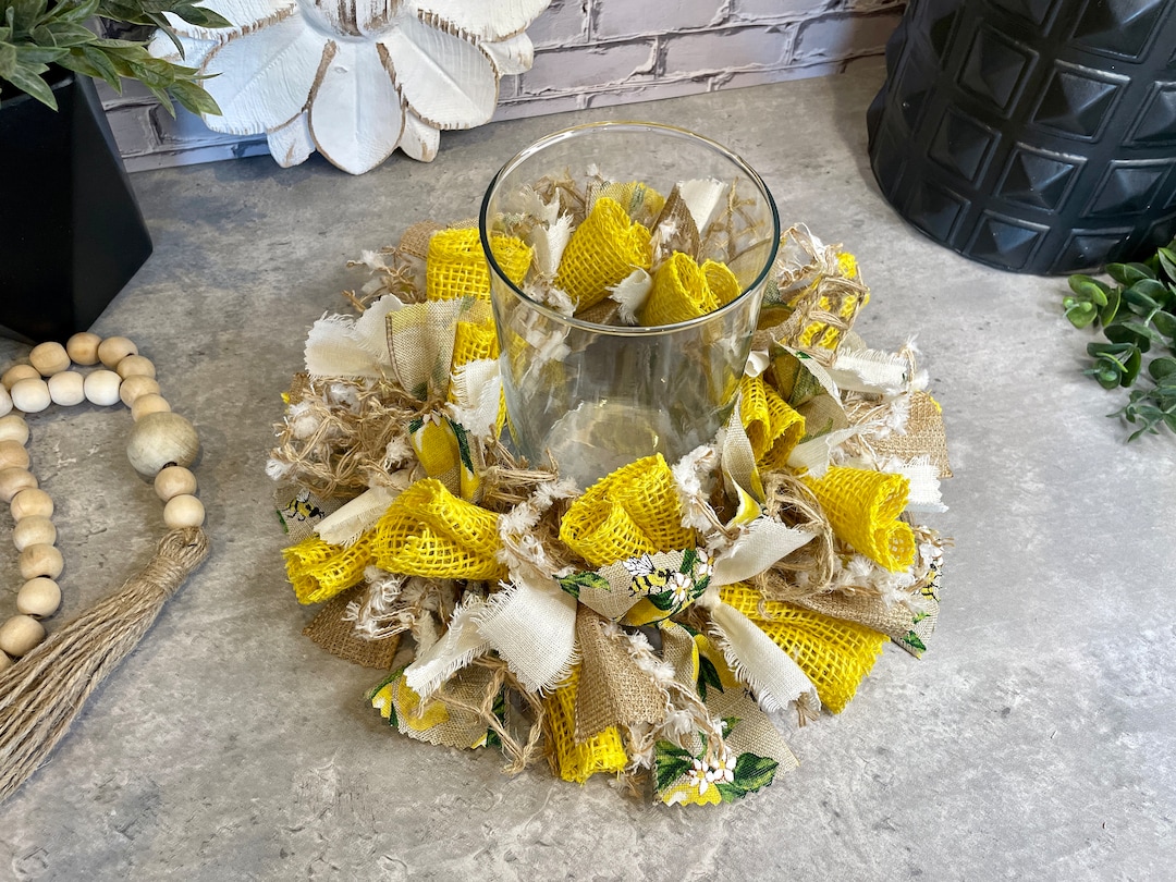 Lemons & Bees Candle Ring 6", Farmhouse Decor, Lemon Rag Candle Ring ...