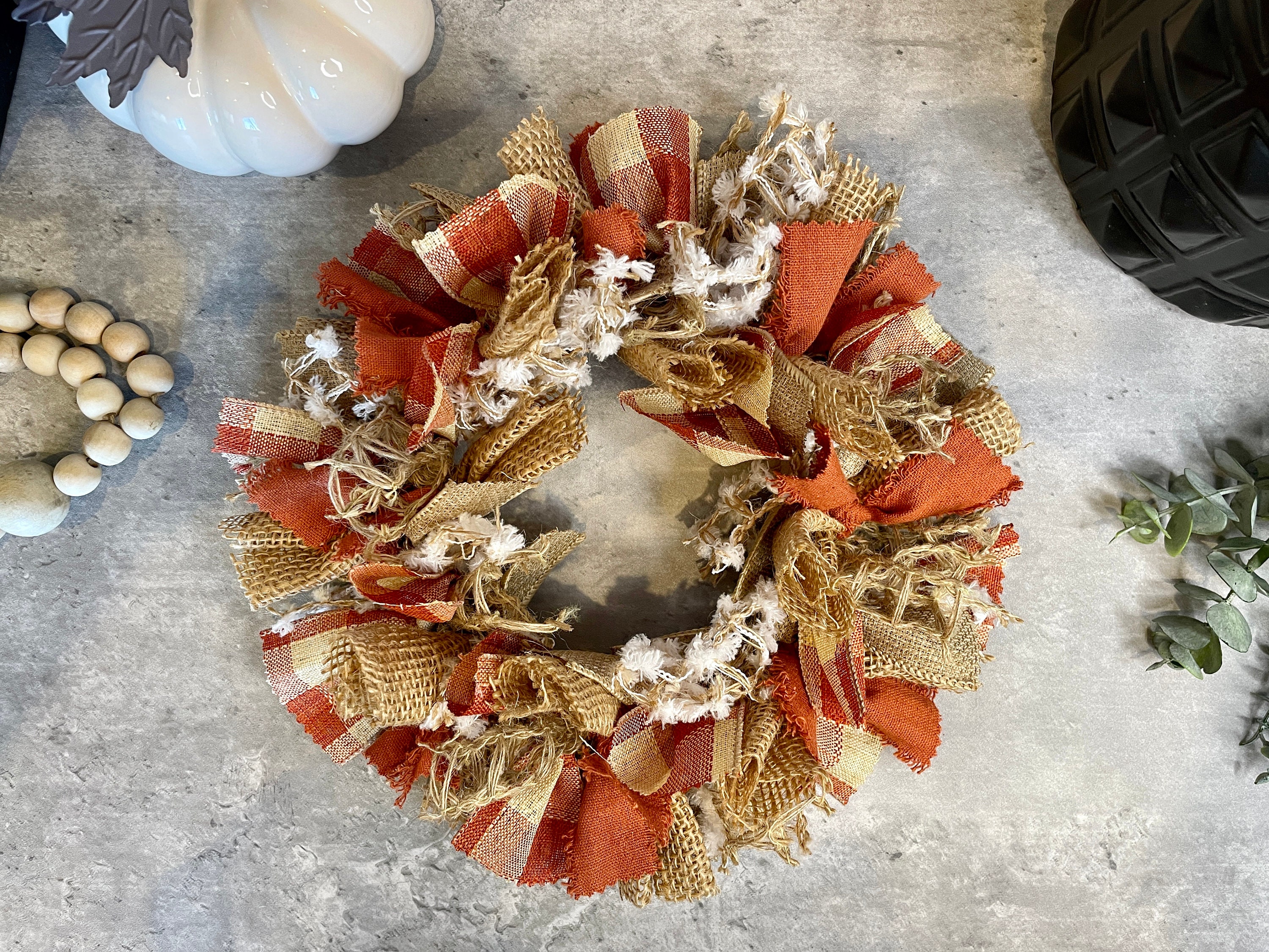 Rust & Cream Plaid Burlap Rag Candle Ring 6"/farmhouse Centerpiece ...