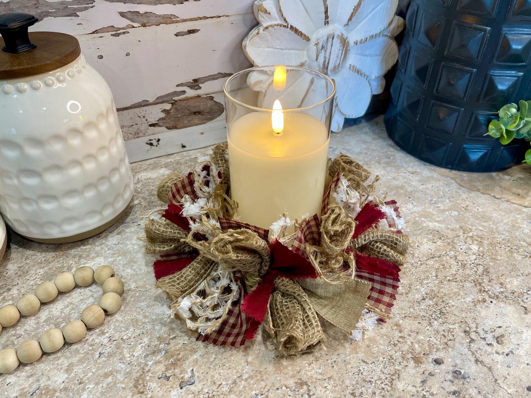 Burgundy and Tan Gingham Rag Candle Ring, Farmhouse Candle Ring, Candle ...