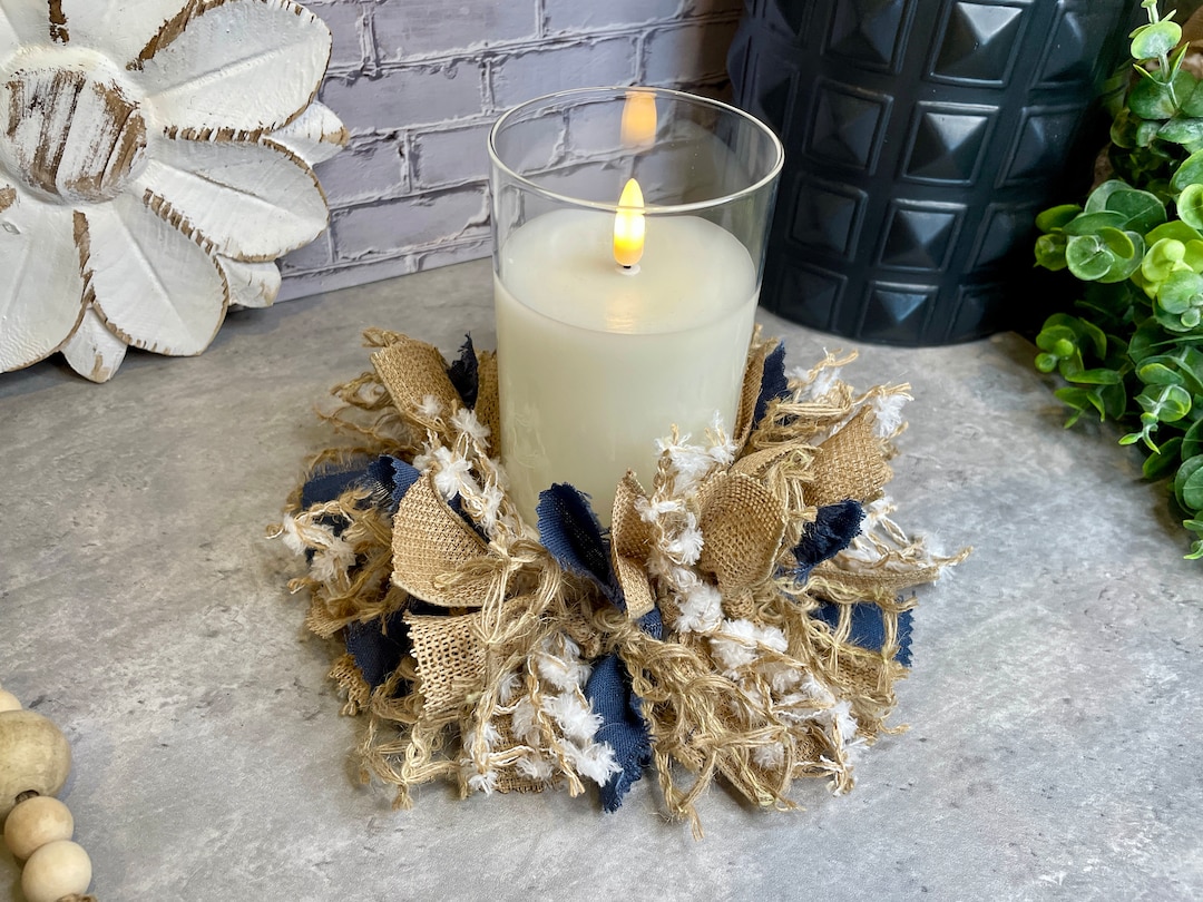 Denim Blue Rag Candle Ring 4, Farmhouse Decor, Candle Centerpiece ...