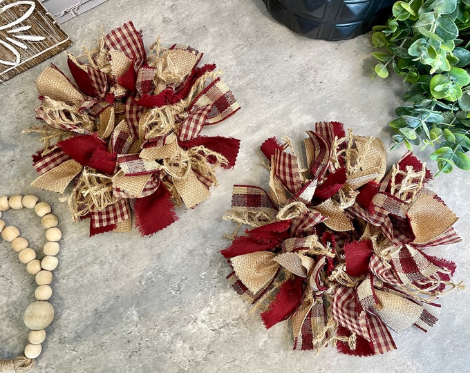 Burgundy Red Burlap Rag Candle Ring 4", Farmhouse Decor, Candle ...
