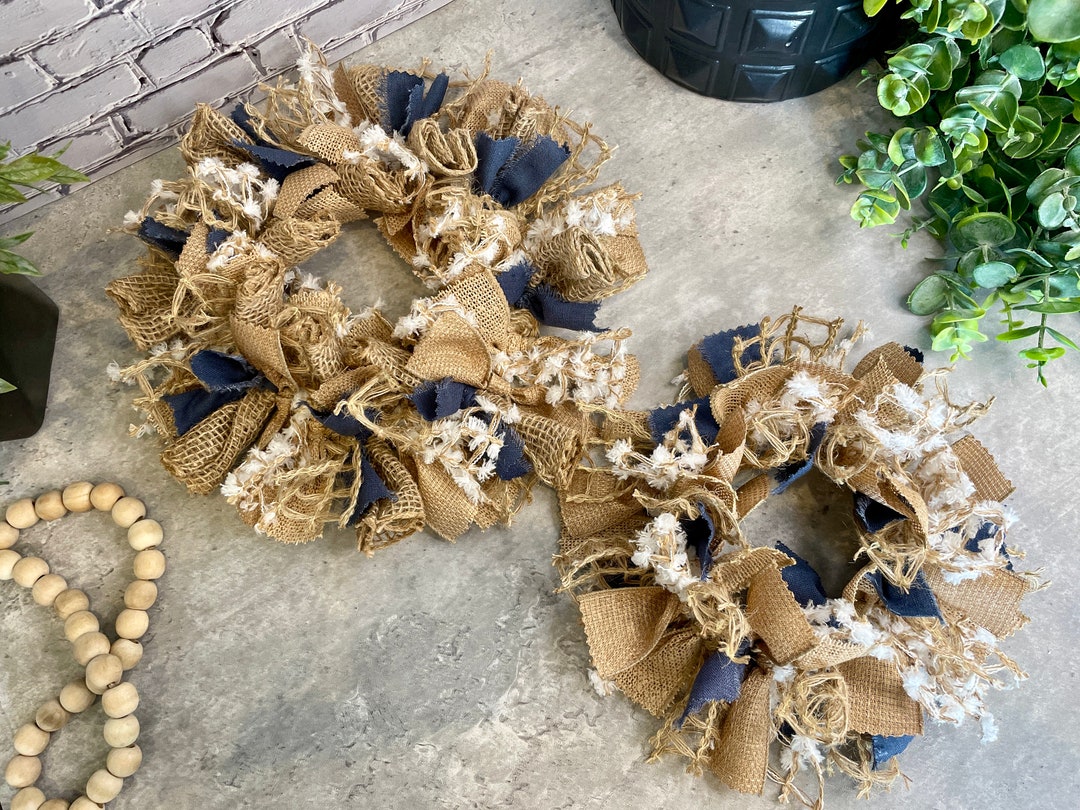 Denim Blue Rag Candle Ring 4" or 6" Farmhouse Candle Centerpiece, Denim ...