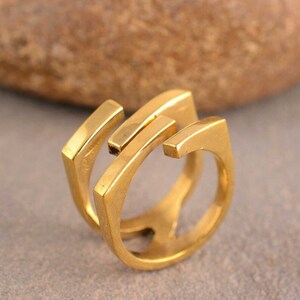 Gold Bar Ring, Thick Two Line Ring, Flat Bar Ring, Geometric Statement ...