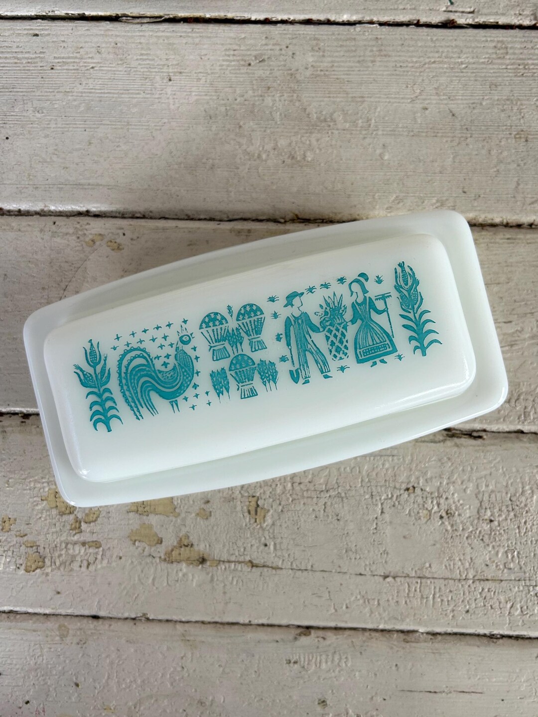 Pyrex Butter Dish in butterprint Pattern, Applied Turquoise Decal, Made ...