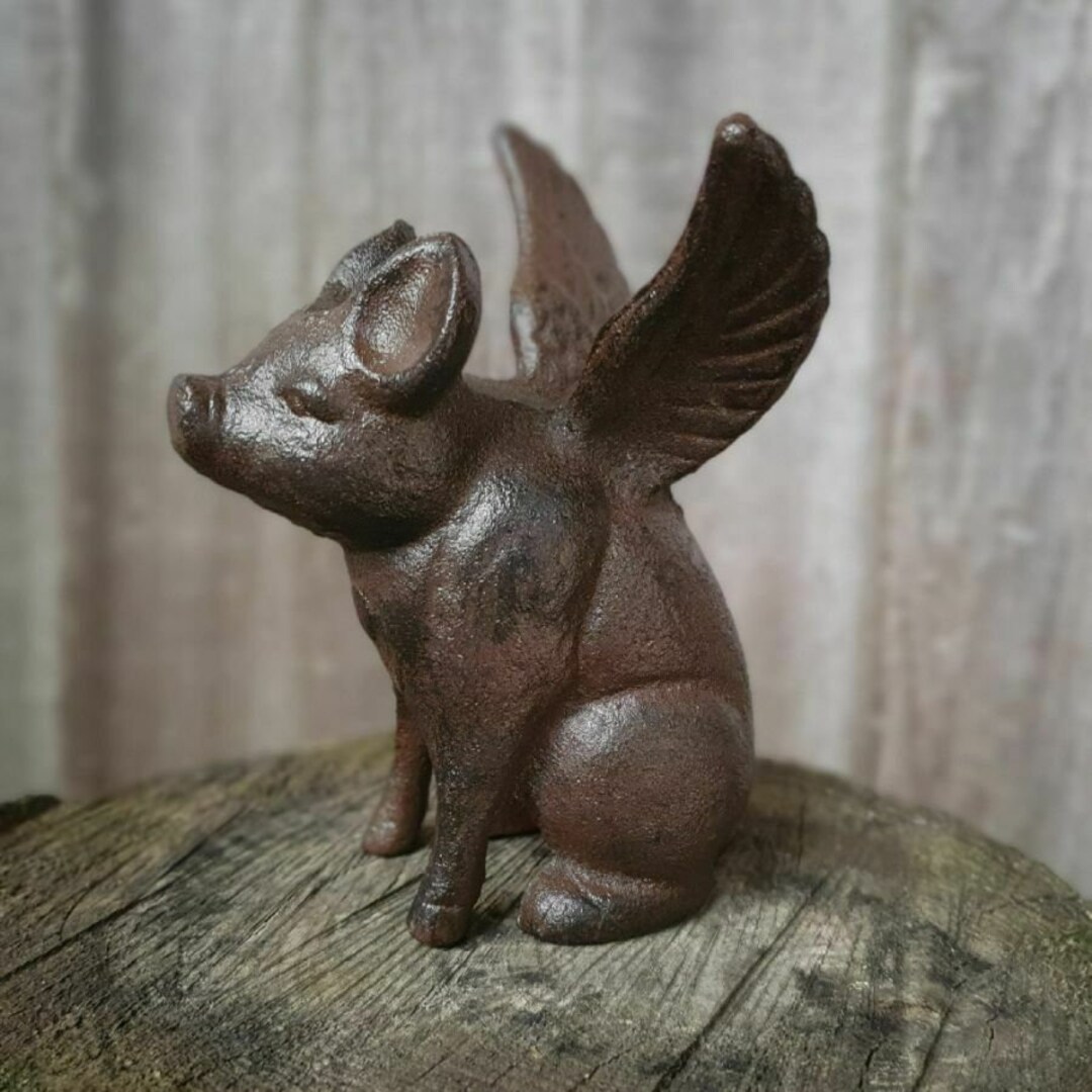 Cast Iron Flying Pig Statue Farm Animal Antique Home Garden Ornament ...