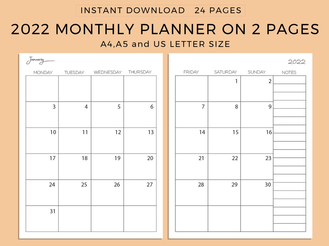 2022 Monthly Planner Daily 2022 Weekly Planner Monthly - Etsy