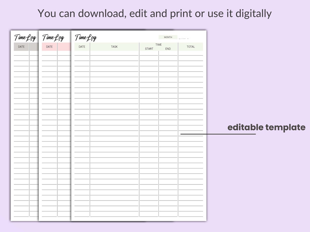 Editable Time Log, Editable Work Log, Work Log Printable, Time Spent ...