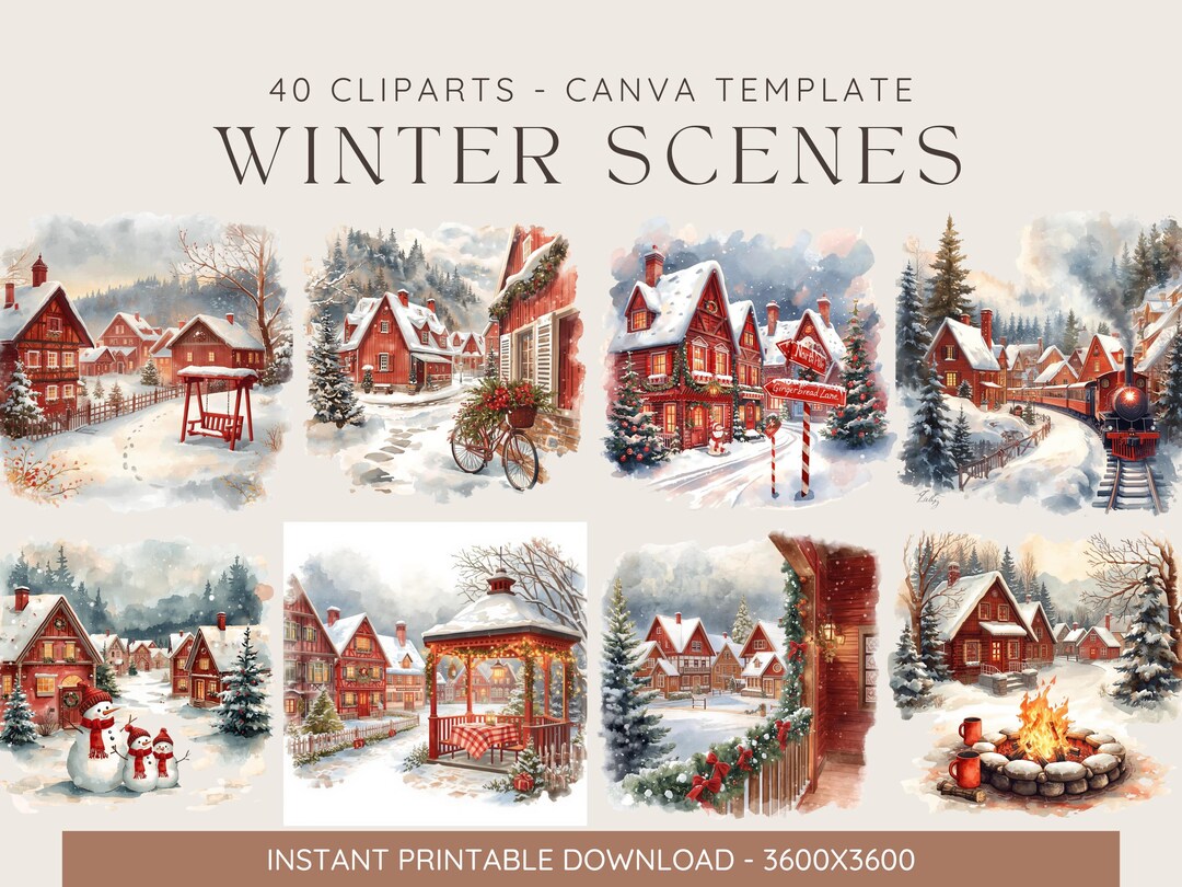 Watercolor Winter Village Clipart Bundle | Snowy Scenes (digital ...