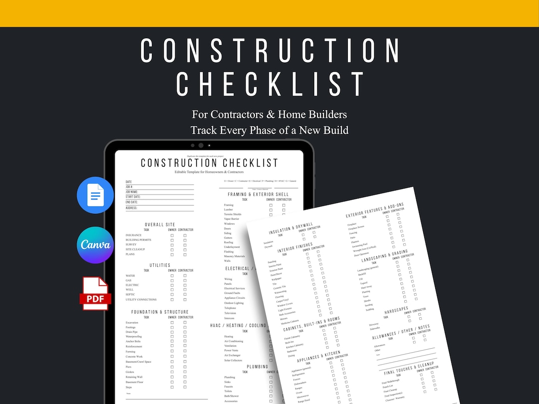 Construction Checklist Template | Home Build Planner | Editable Canva ...