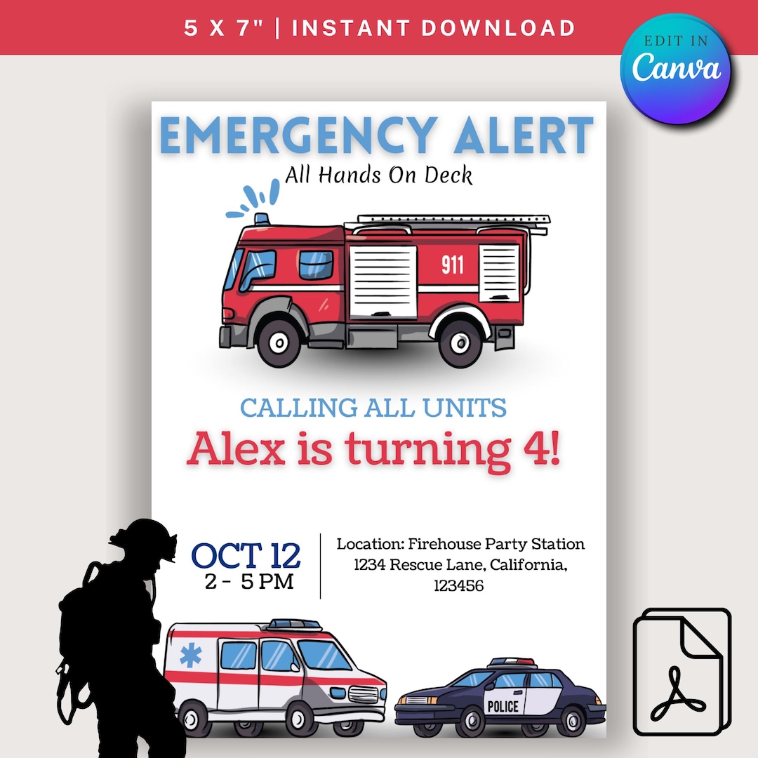 Emergency Vehicles Birthday Invitation | First Responders Theme | Fire ...