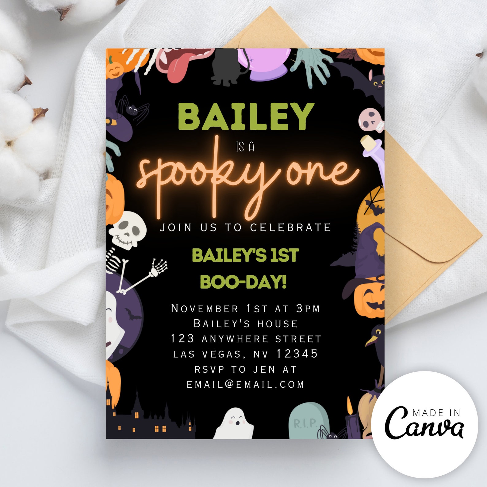 Spooky One Birthday Invitation: Halloween Party, Kids 1st Birthday ...