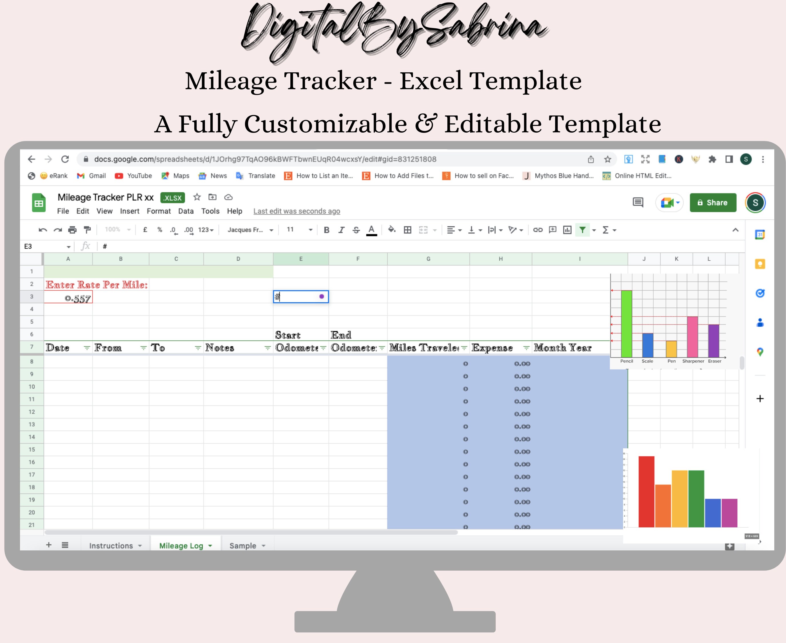 Excel Spreadsheet Template, , Business Mileage Log, Monthly Mileage ...
