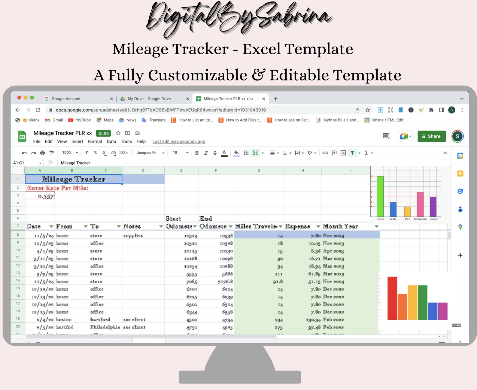 Excel Spreadsheet Template, , Business Mileage Log, Monthly Mileage ...
