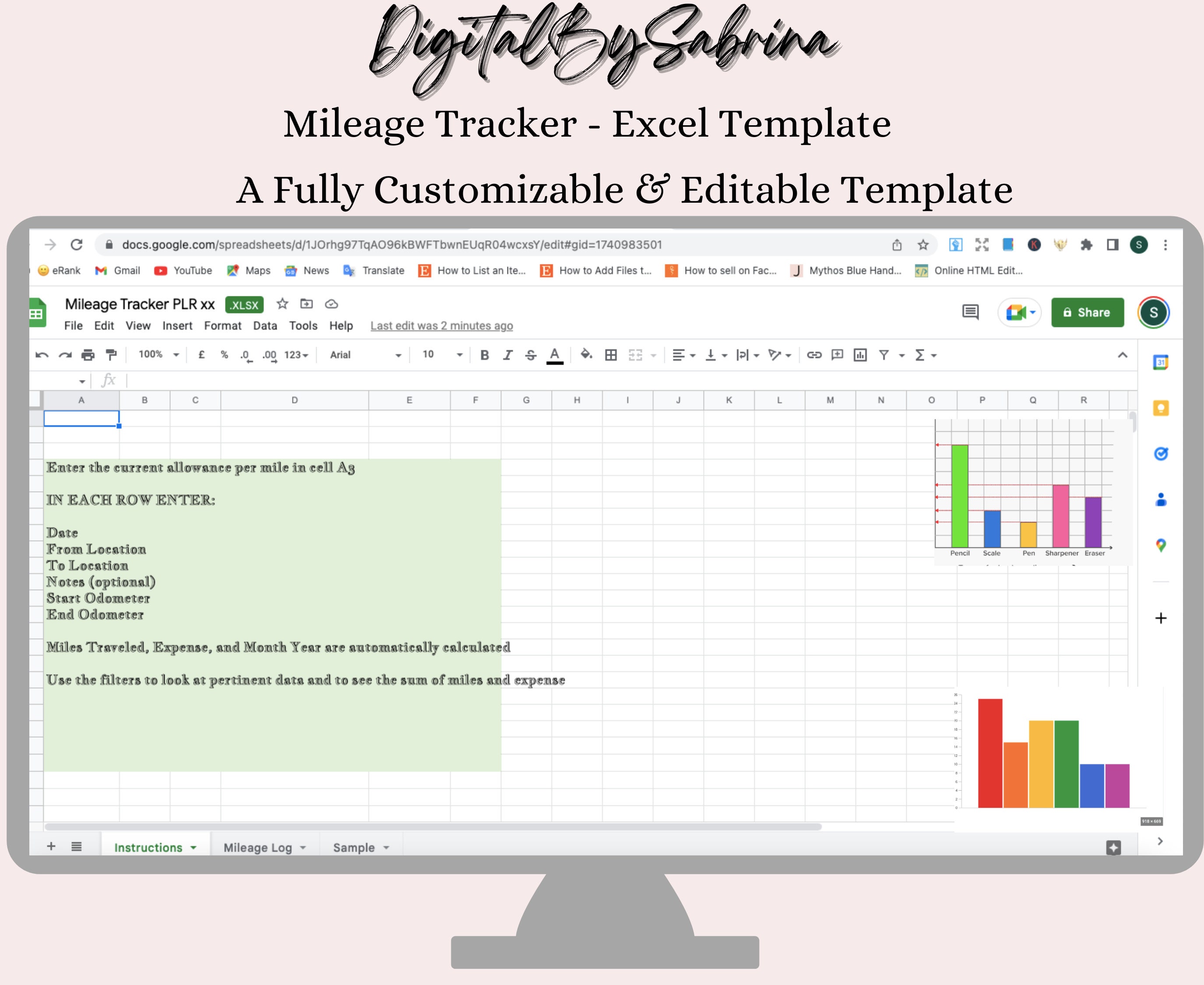 Excel Spreadsheet Template, , Business Mileage Log, Monthly Mileage ...