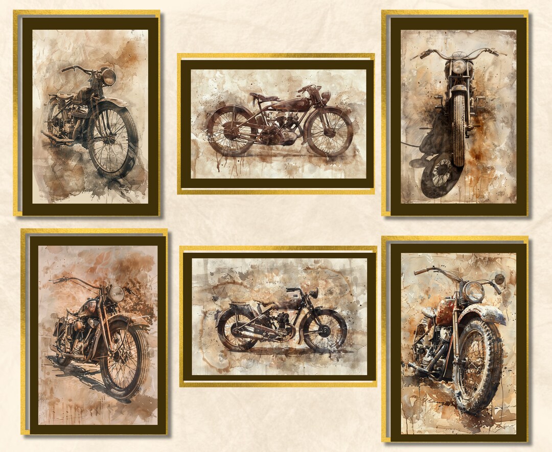 Vintage Motorcycle Sepia Wall Art Set of 6, Home Decor, Retro Wall Art ...