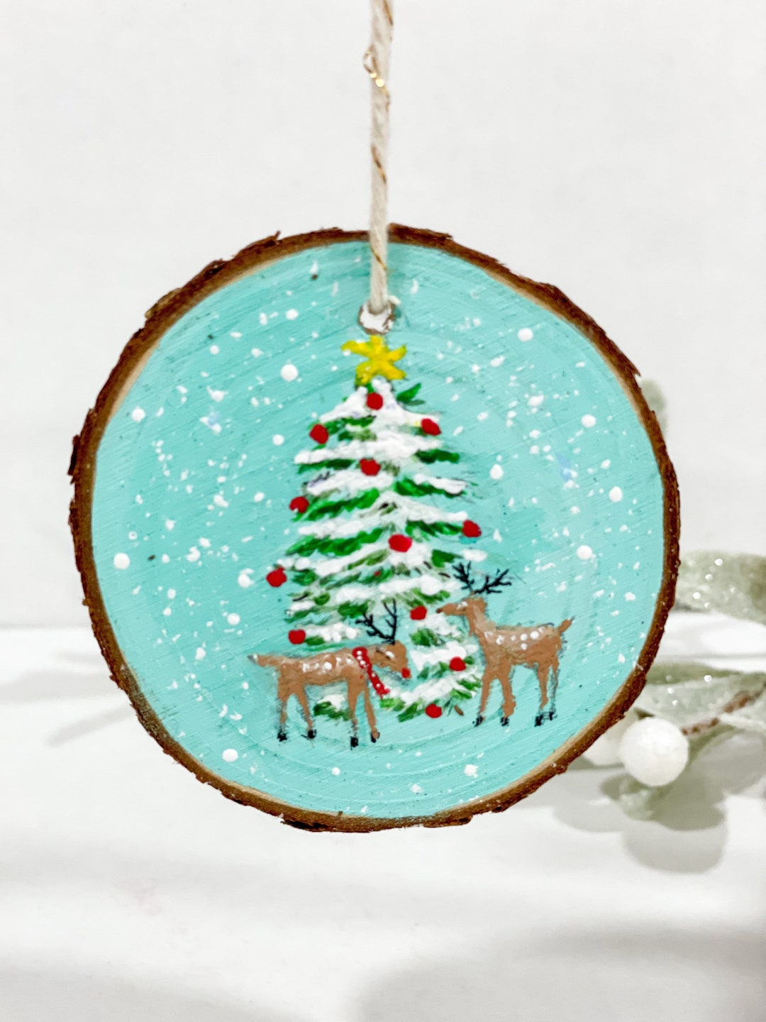 Hand Painted Tree Branch Slice Ornament- “rudolph and Friend” - Etsy
