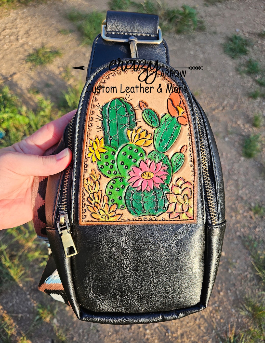 Tooled Leather Patch Sling Bag - Etsy