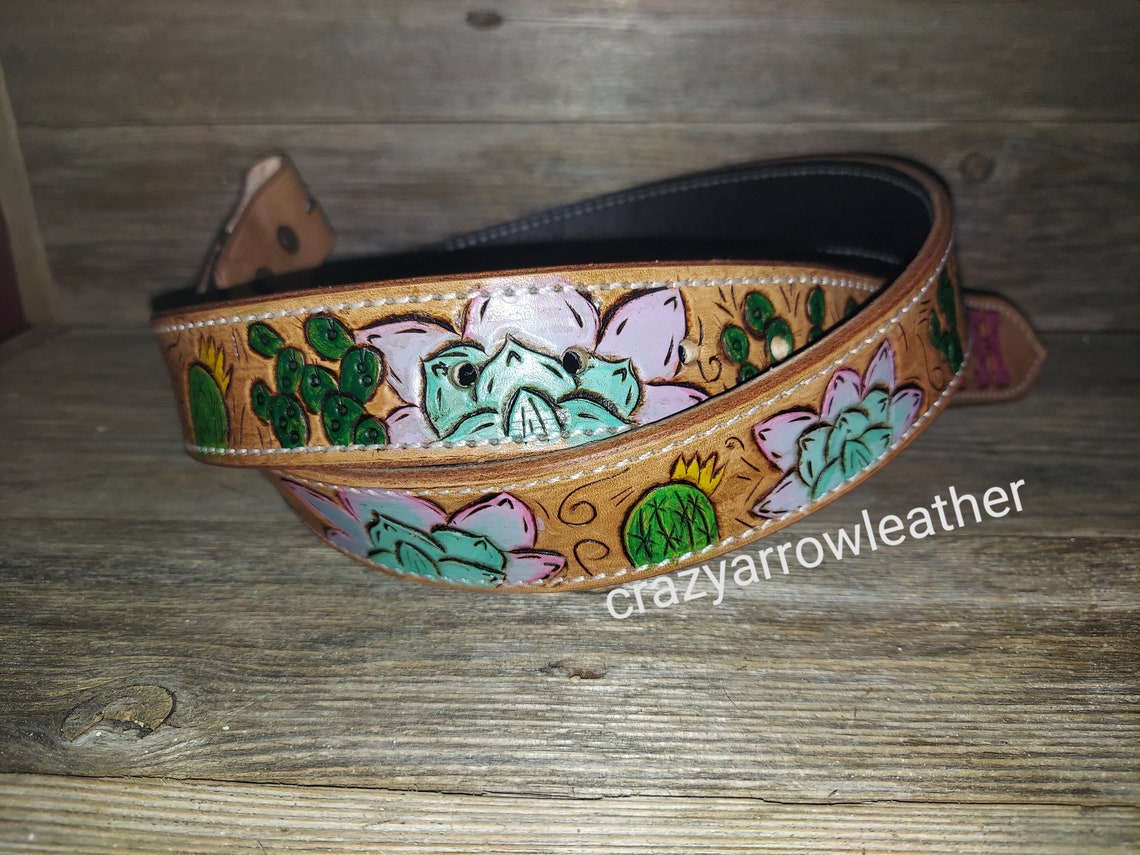 Succulent Cactus Tooled Belt - Etsy