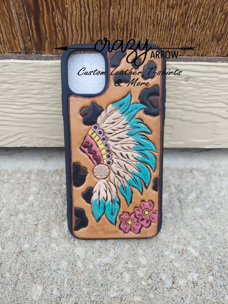 IPhone Indian Headdress and Leopard Tooled Phone Case - Etsy