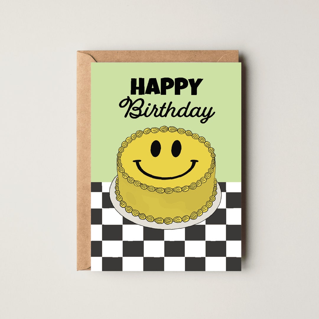 Smiley Face Happy Birthday Card Birthday Cake Card Retro 90s Y2K Design ...