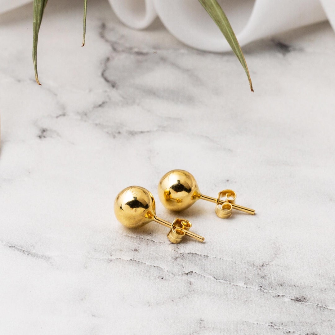 14K Solid Gold Ball Stud Earrings, Yellow Gold Ball Earrings 6mm, Gold ...