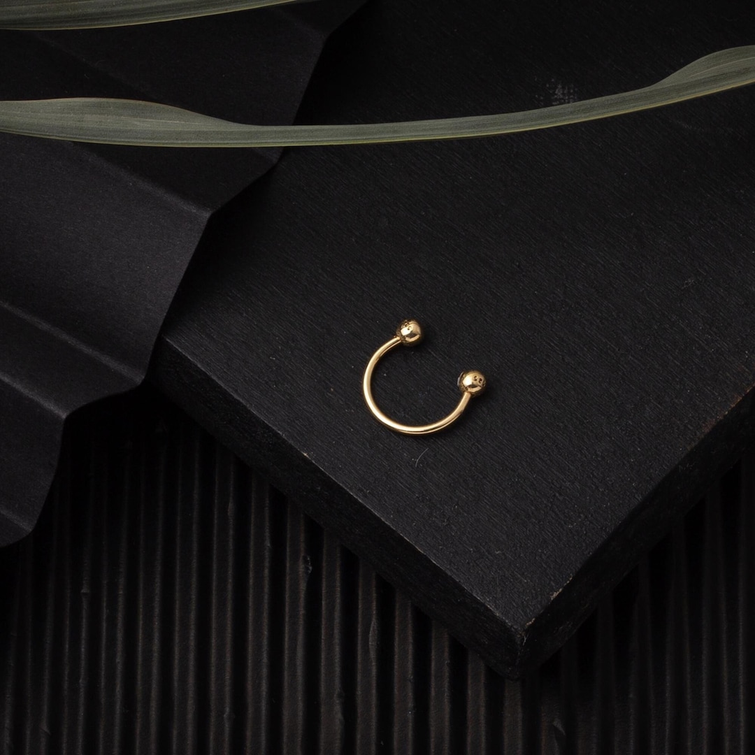14K Gold Double Ball Nose Hoop Ring Nose Jewelry, Nose Hoop Ring, Half ...