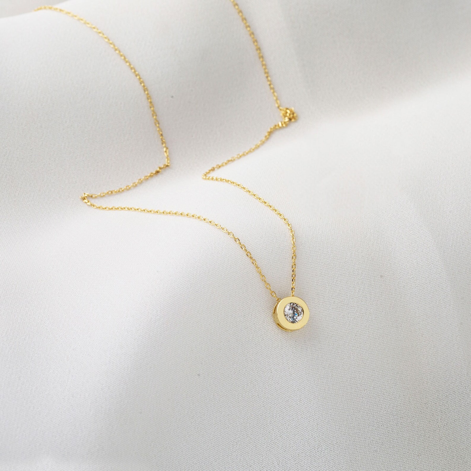 14K Gold Solitaire Necklace, Layering Gold Necklace, Single Stone ...