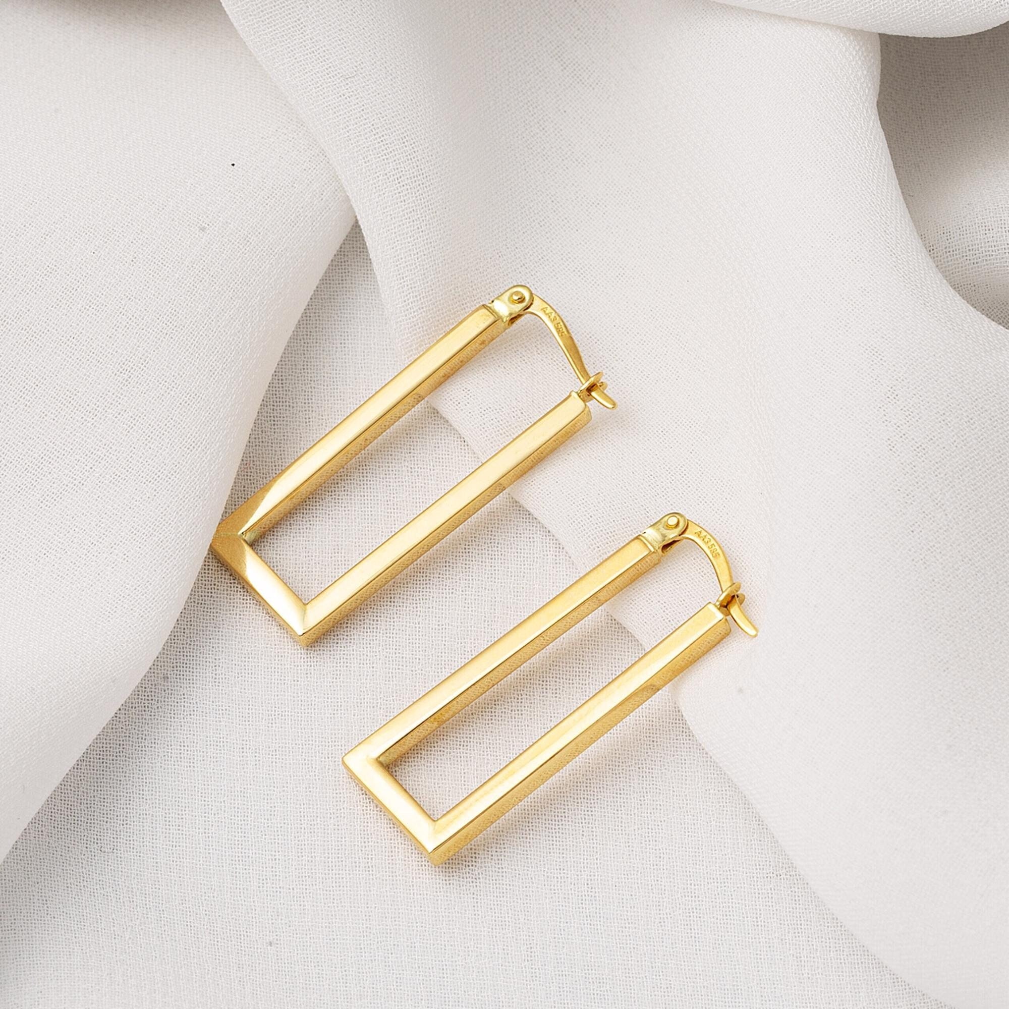 Rectangular Huggie Hoop Earrings, Gold Long Hoop Earrings Rectangle, Gold Geometric Earrings ...