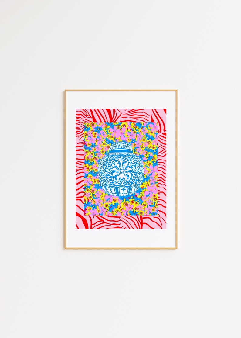 Colorful Modern Chinoiserie Art Print Blue Glitter With Zebra and Dots ...