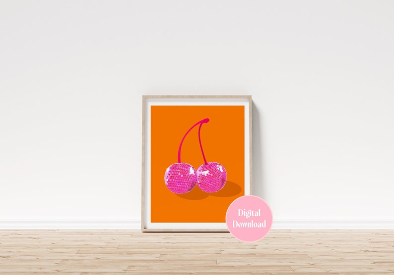 Orange and Pink Cherry Disco Ball Art, Printable Cherries Wall Art - Etsy