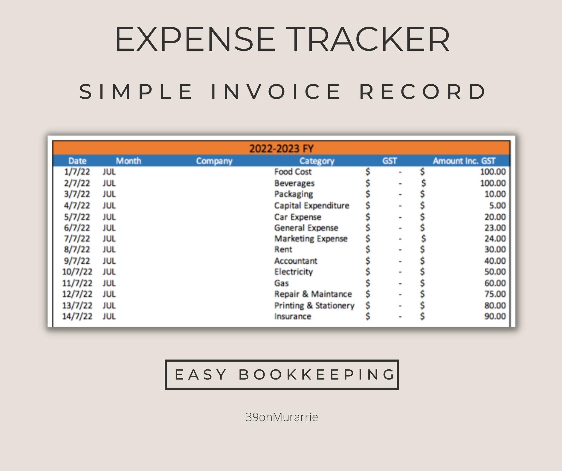 Expense Tracker, Invoice Record, Bookkeeping Template Bookkeeping Excel ...