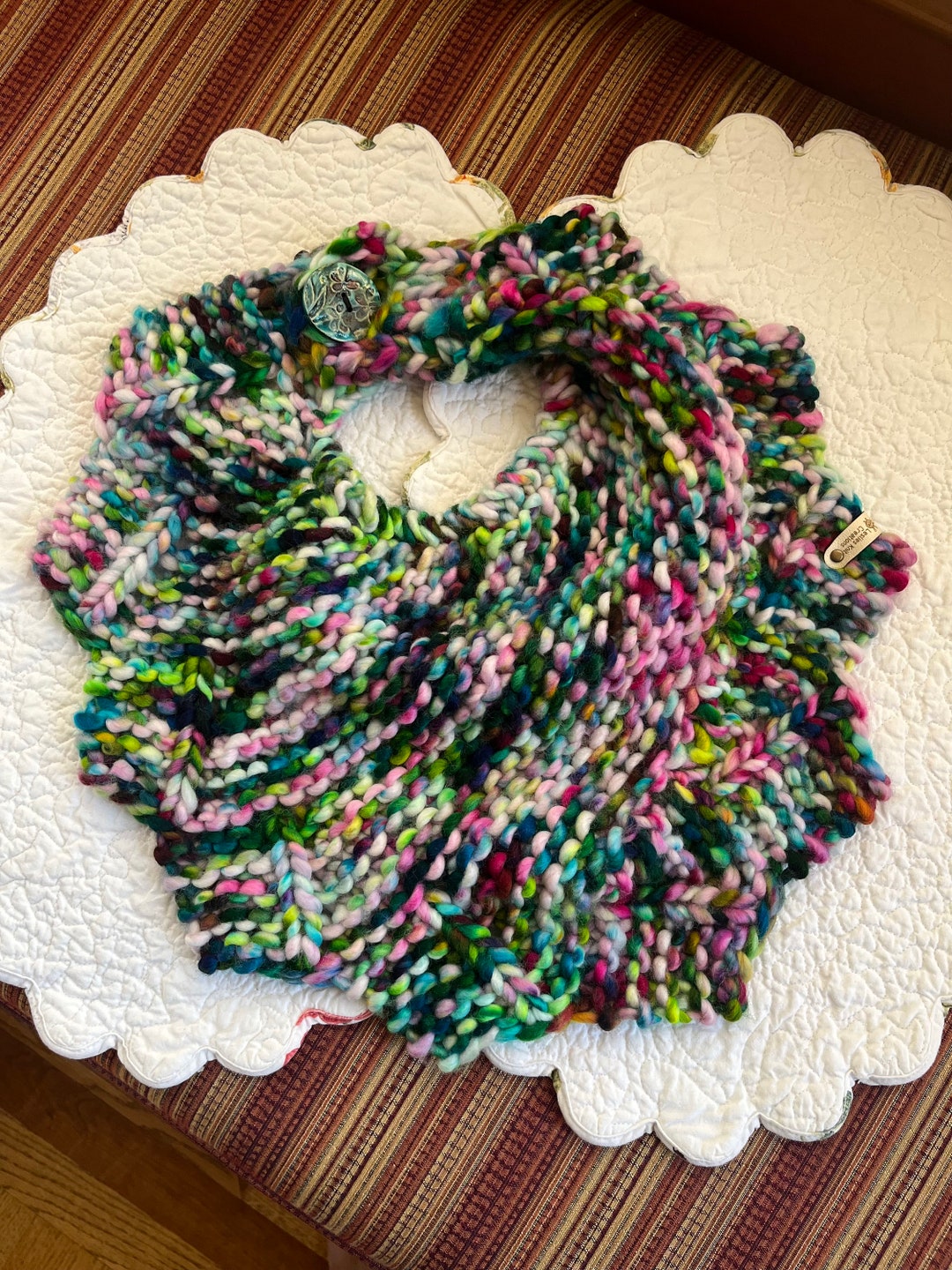 Luxury Merino Wool Hand Knit Shawl/cowl. Green. Pink. - Etsy