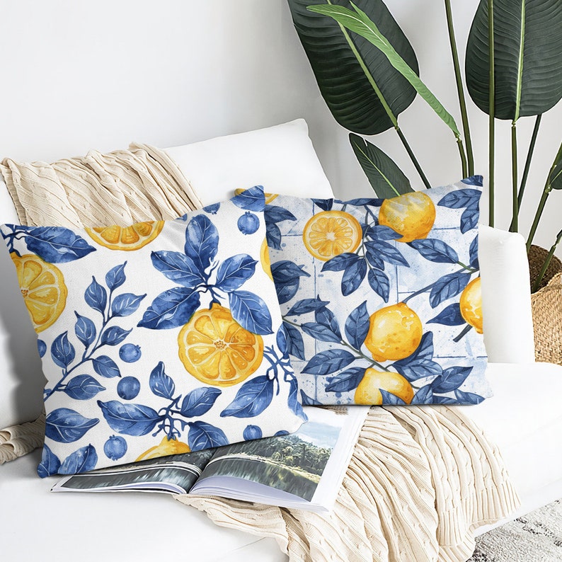 Italian Blue Tile and Lemons Pillowcase, Mediterranean Lemons Decor ...